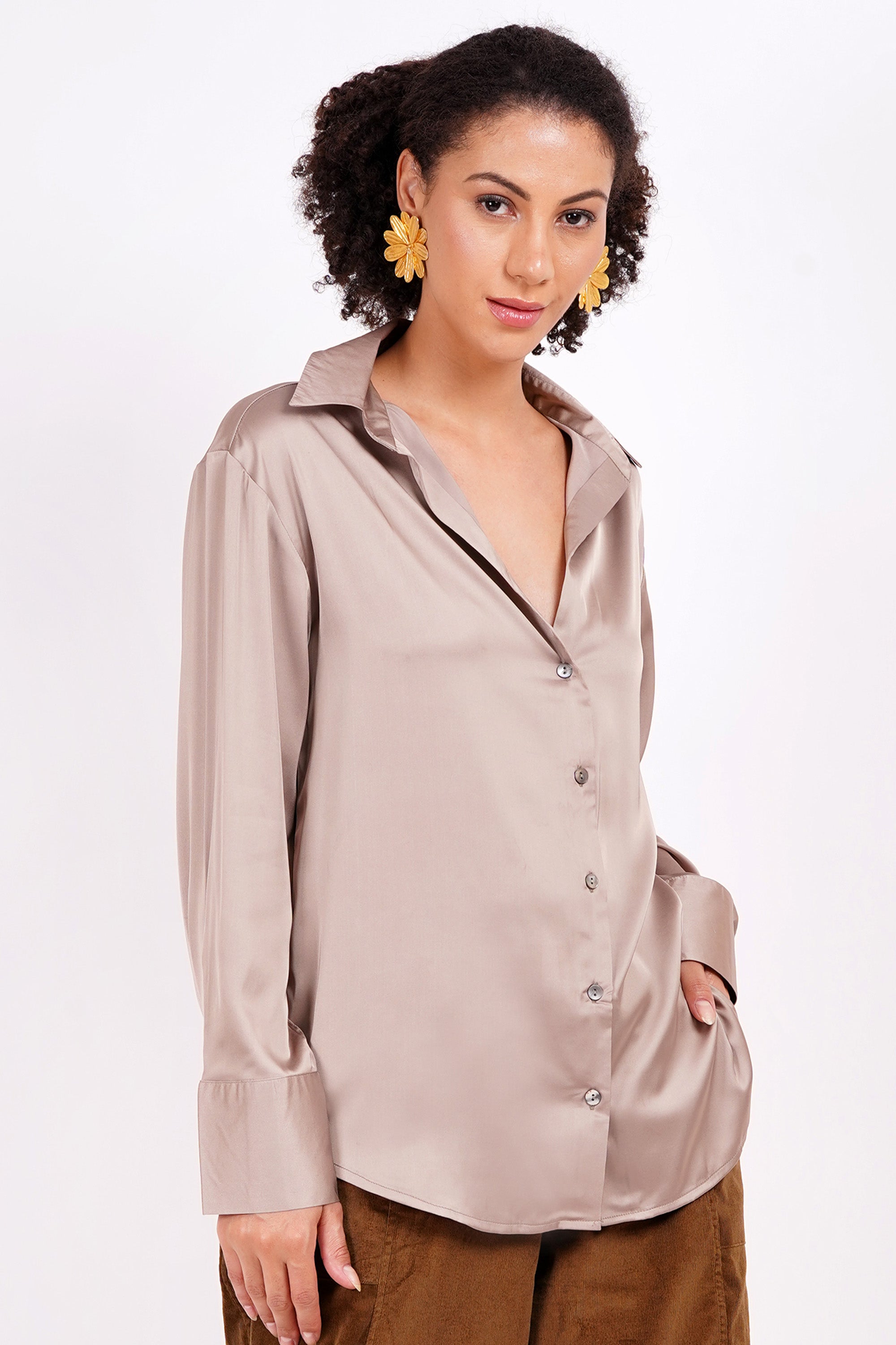 Gold Full Sleeves Silky Satin Shirt |Available in Plus Sizes| Pamawomen.com – pamawomen